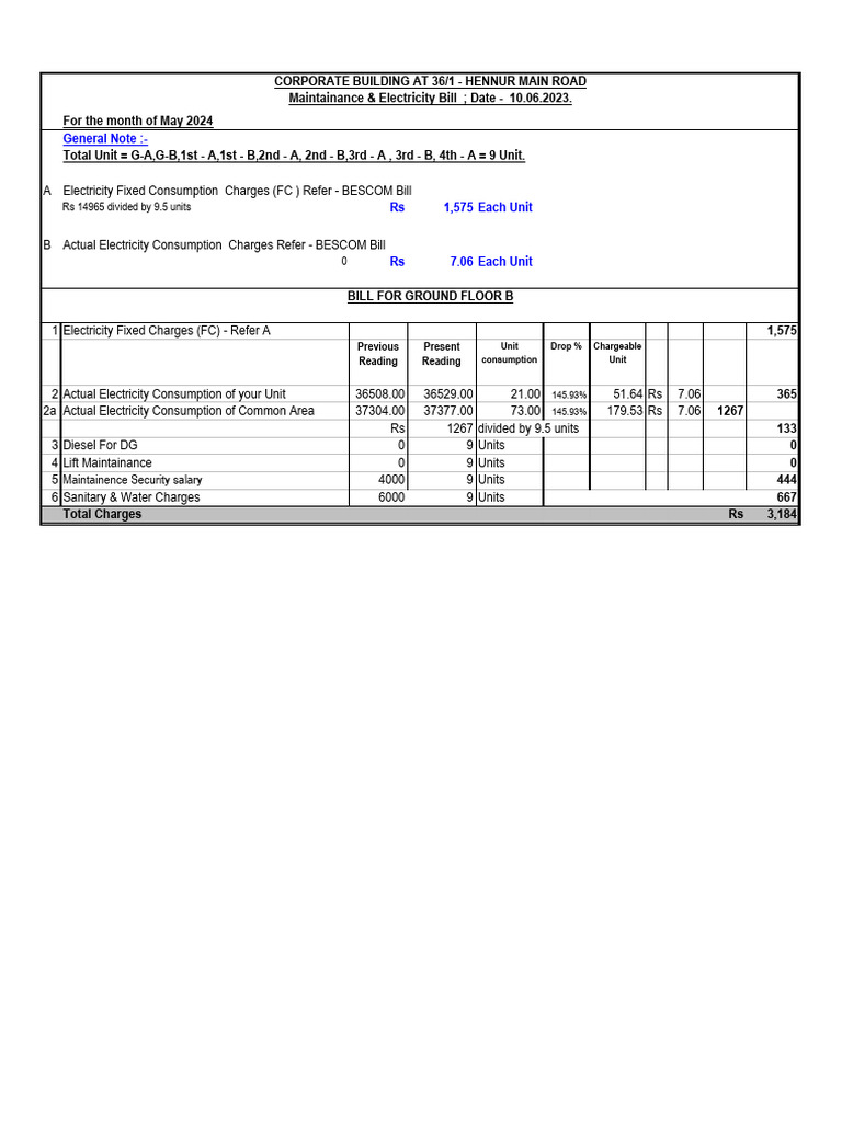 May 2024 Electricity & Maintenance Bill | PDF