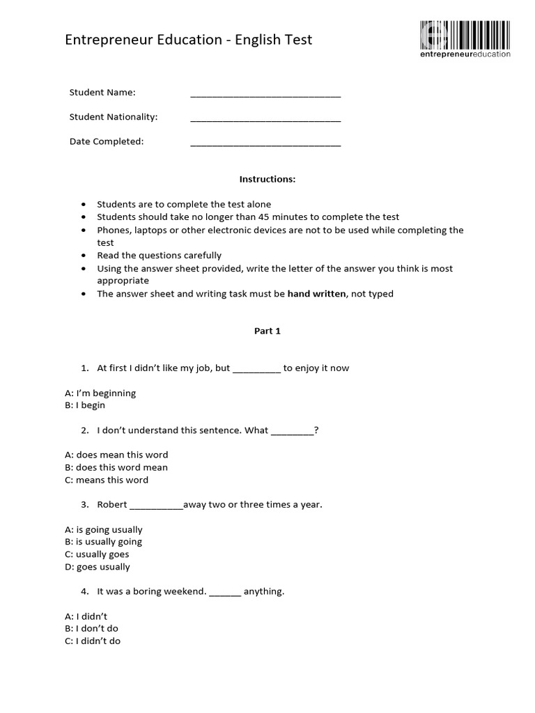 Entrepreneur English Test | PDF