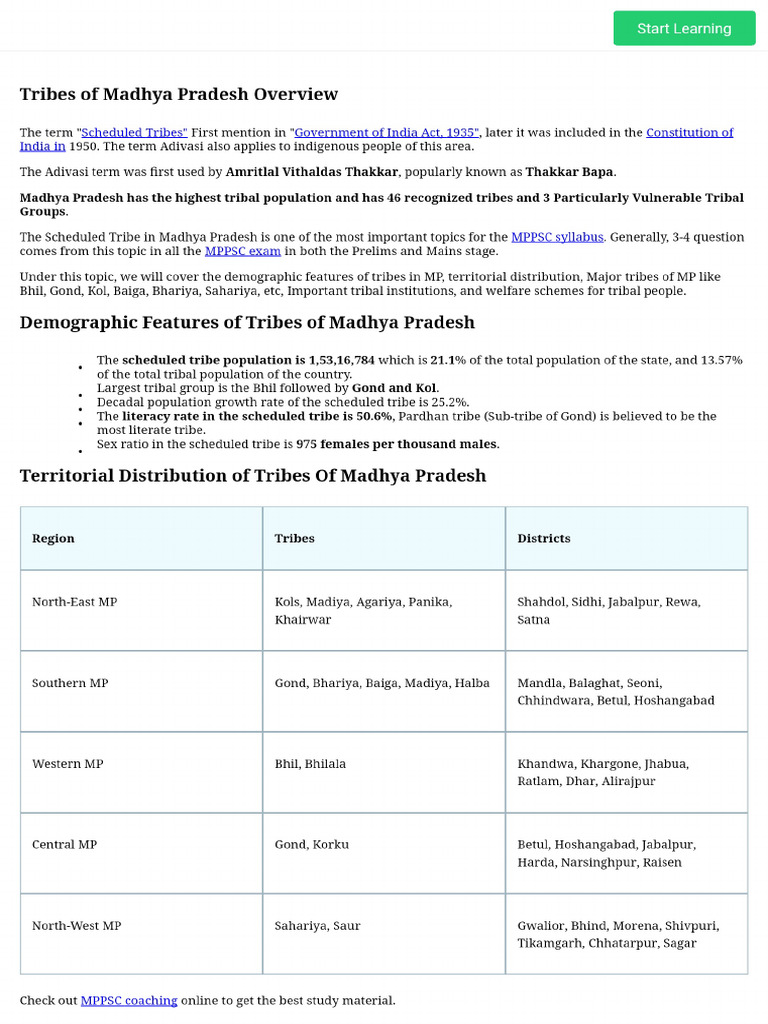 Tribes in Madhya Pradesh, Origin, Distribution, Features, PVTGs | PDF