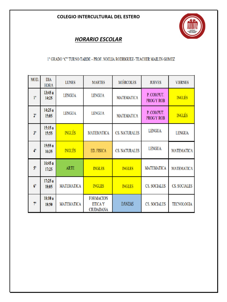 Horario Escolar 1C | PDF