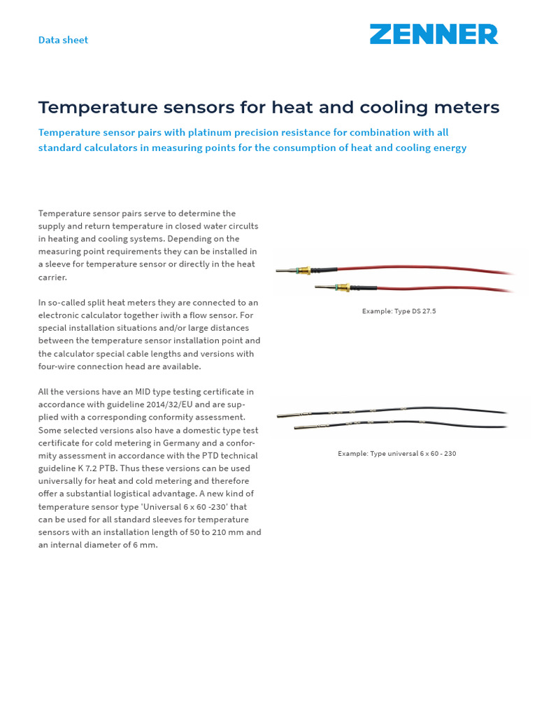 Data Sheet Temperature Sensor For Heat and Cooling Meter | PDF | Heat ...
