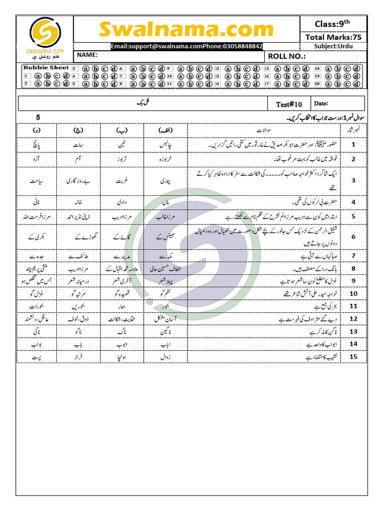 T10 9th Class Urdu Half Book Test Full Book Test | PDF