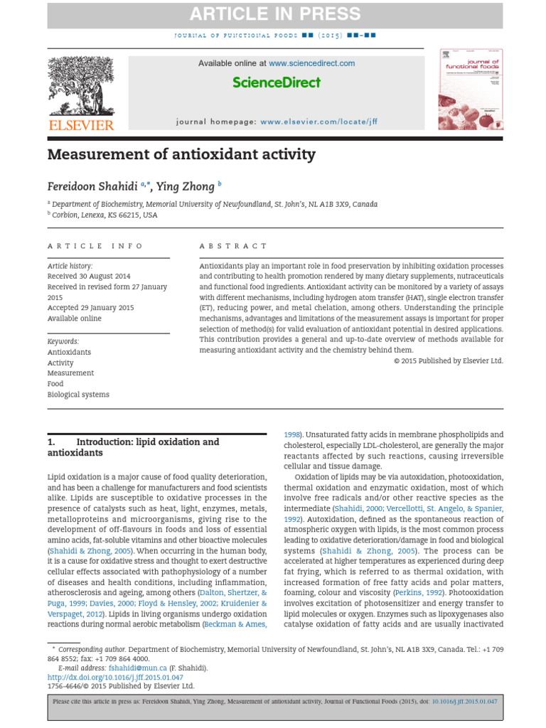Methods for Measuring Antioxidant Activity | PDF | Antioxidant ...