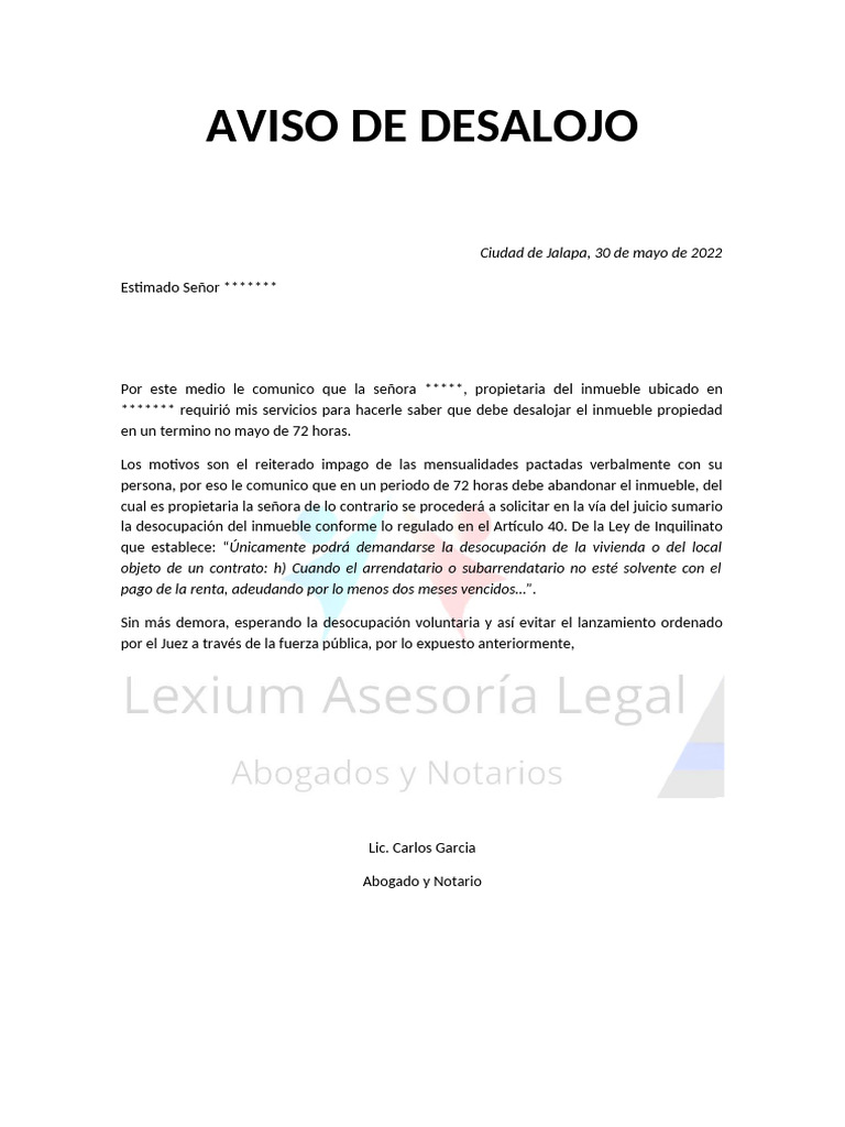 Carta Aviso de Desalojo | PDF