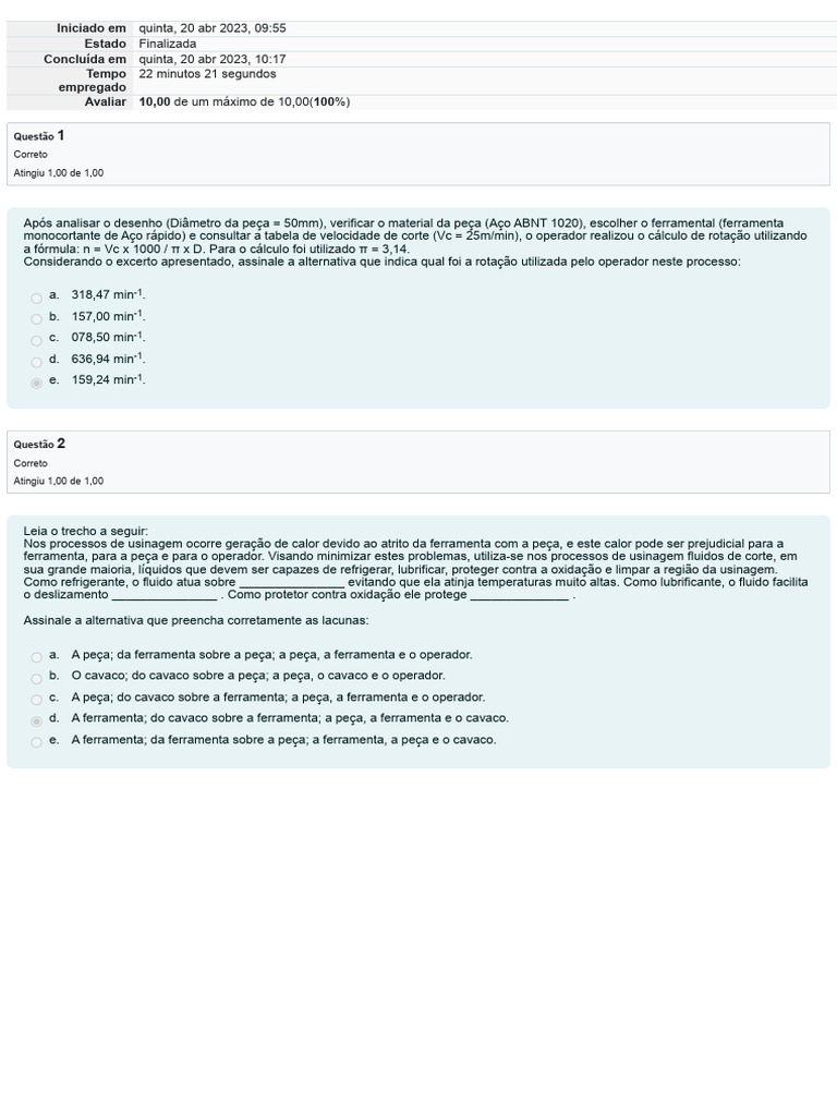 Atividade 2 (A2) - Revisão Da Tentativa | PDF | Máquinas | Ferramentas