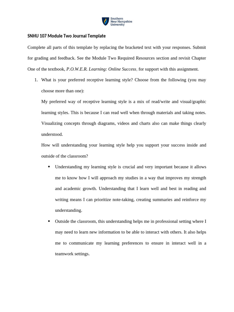 SNHU 107 Module Two Journal Template | PDF | Learning Styles | Time ...