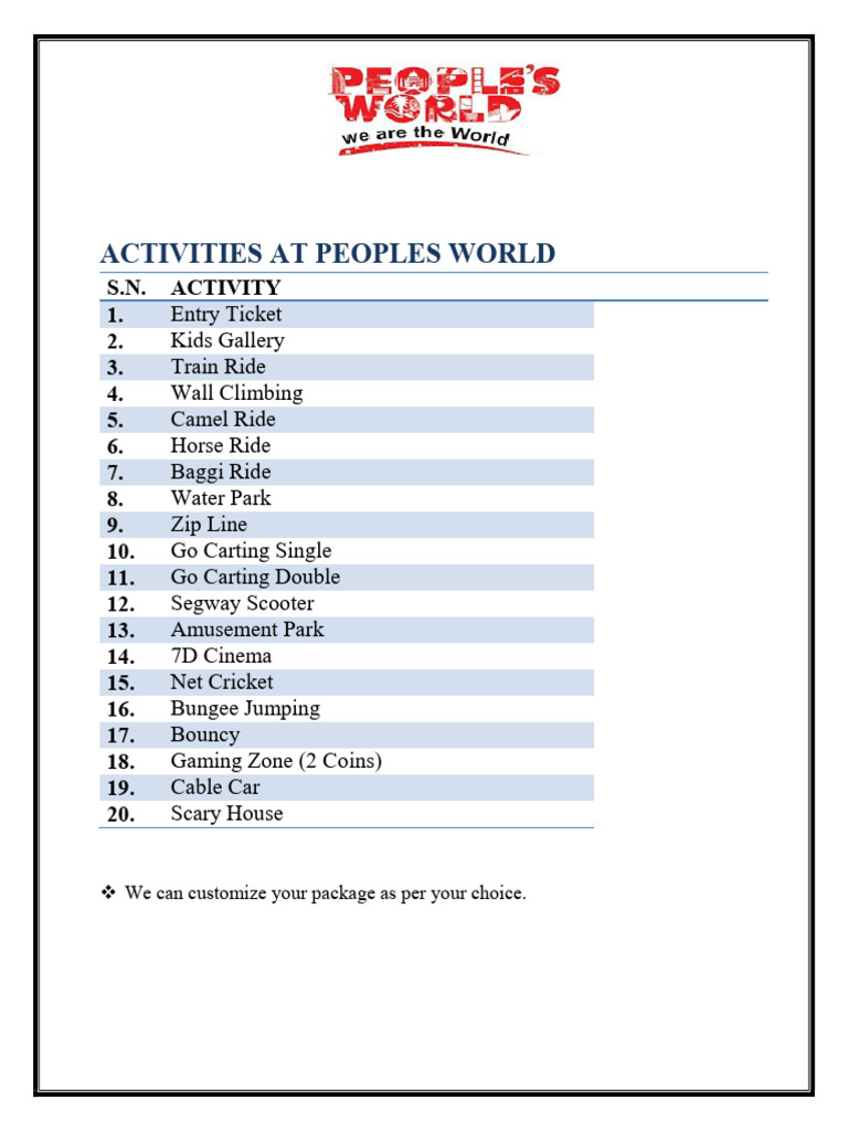 Activities at Peoples World: Fun Options | PDF