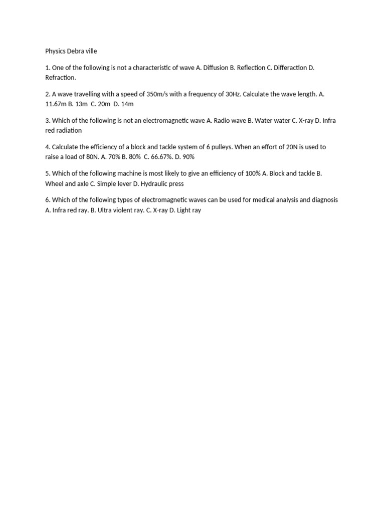 Physics Quiz: Waves and Efficiency Concepts | PDF