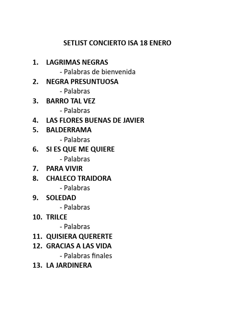 Setlist Concierto Isa 18 Enero | PDF