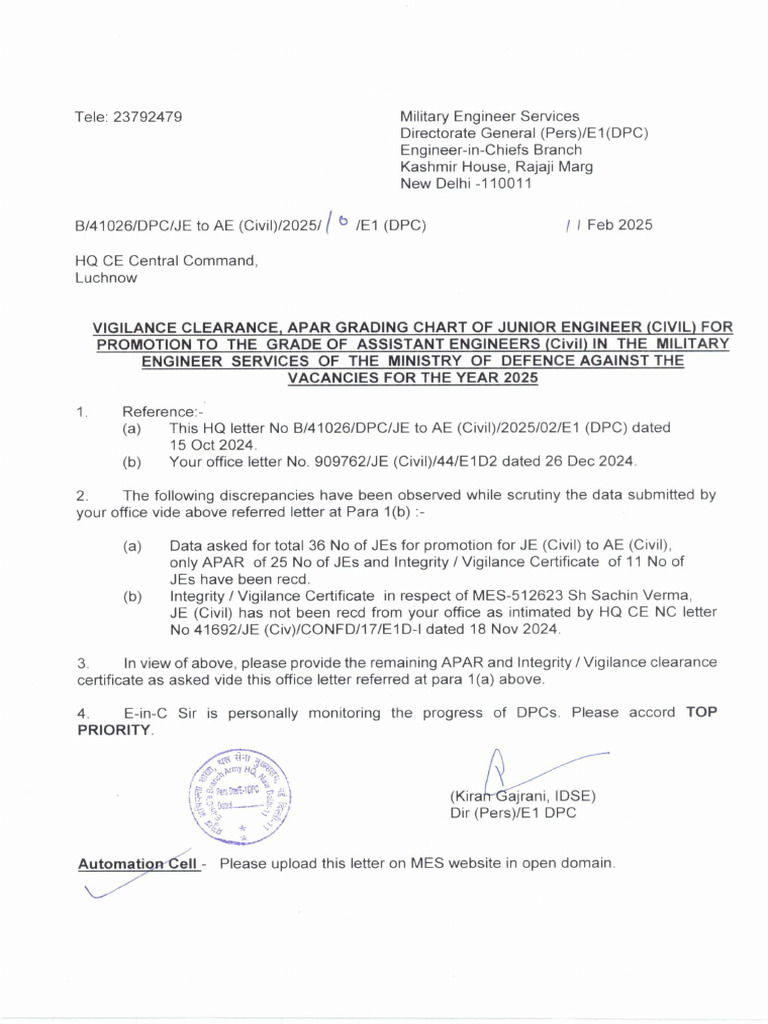 Vigilance Clearance, Apar Grading Chart of Je Civ DT 11 Feb 2025 | PDF