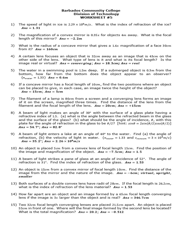 Phys161 worksheet #5 (mirrors and lenses) | PDF | Optics | Light