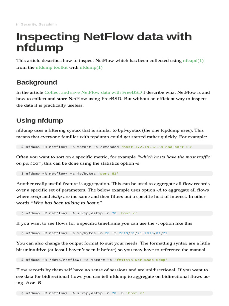 This Article Describes How To Inspect NetFlow Data With Nfcapd and Nfdump | PDF | Computing ...