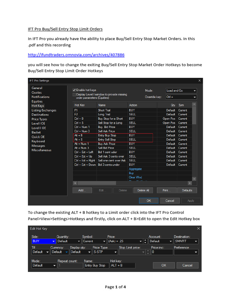 IFT Pro Stop Limit Order Hotkeys Guide | PDF