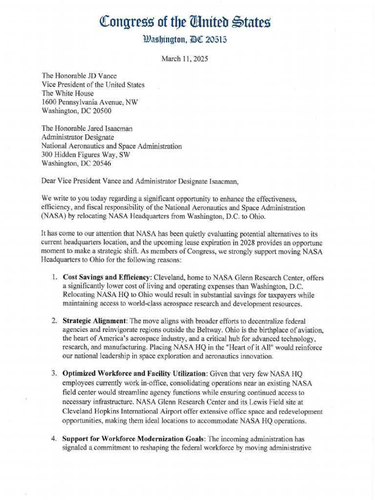 Rep. Max Miller, U.S. Sen. Jon Husted Letter To NASA For Ohio HQ | PDF