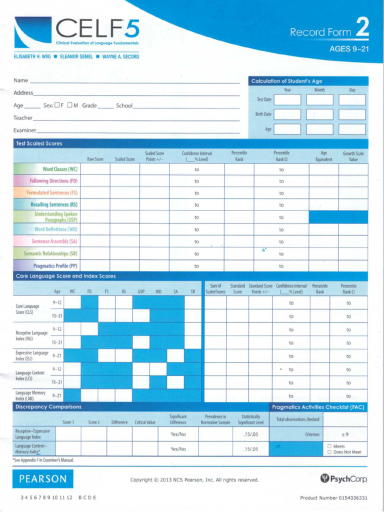 CELF 5 Record Form 2 Ages 9-21 | PDF
