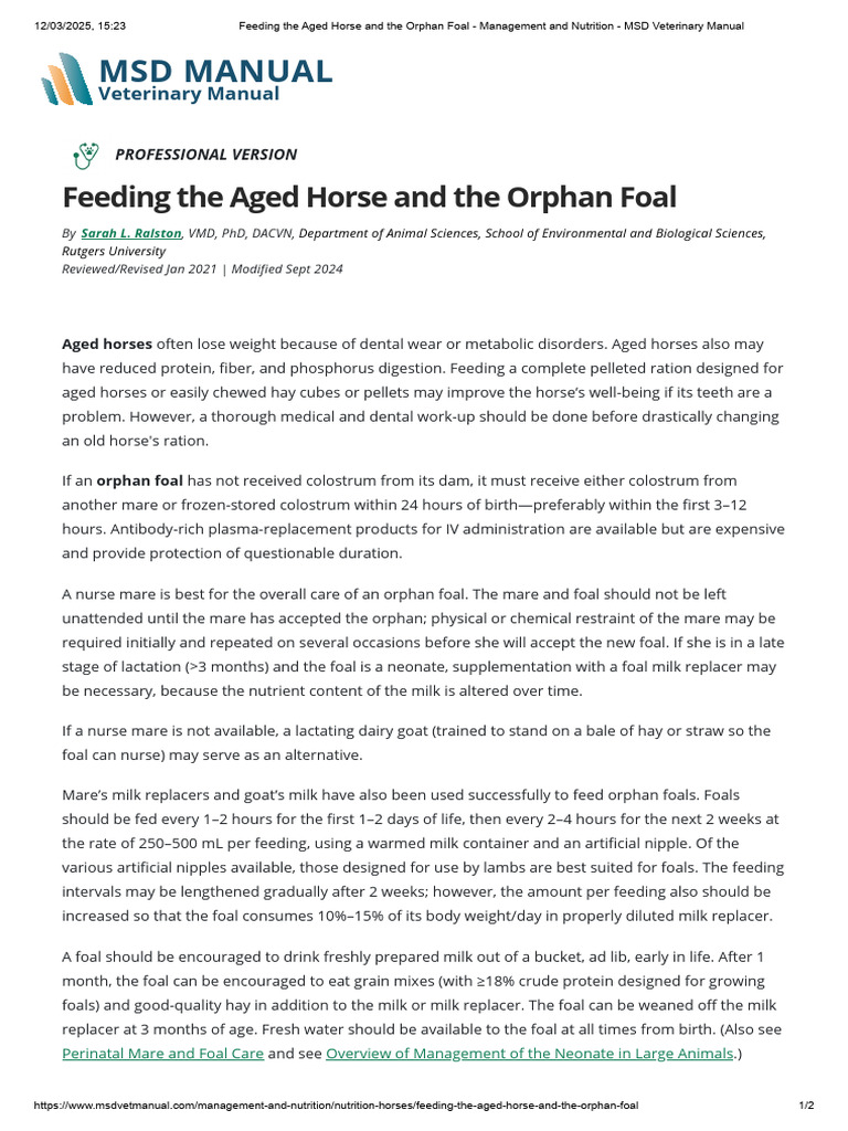 Feeding The Aged Horse and The Orphan Foal - Management and Nutrition ...