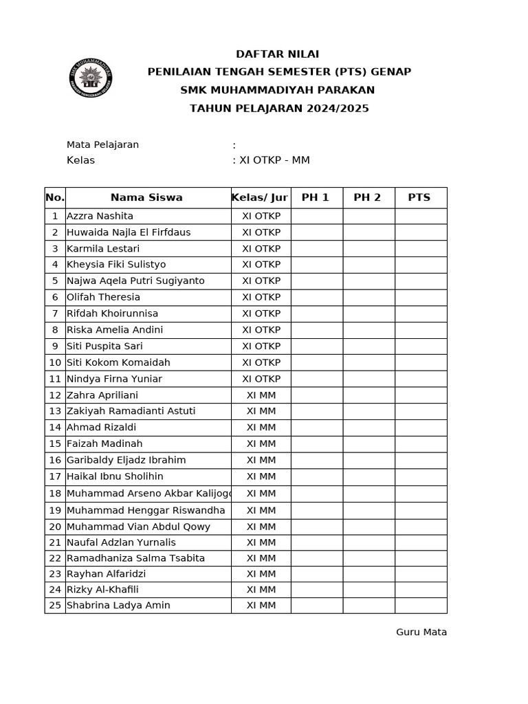 Format Nilai Pts Genap X, Xi 2024-2025 | PDF