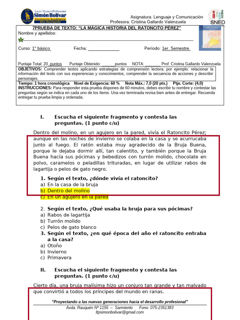Prueba Ratoncito Pérez 1° Básico | PDF