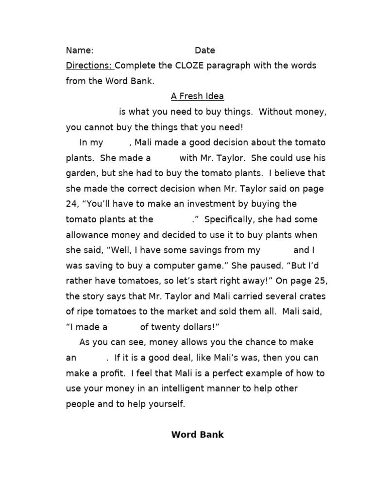 CLOZE Writing With Word Bank and Illustration | PDF