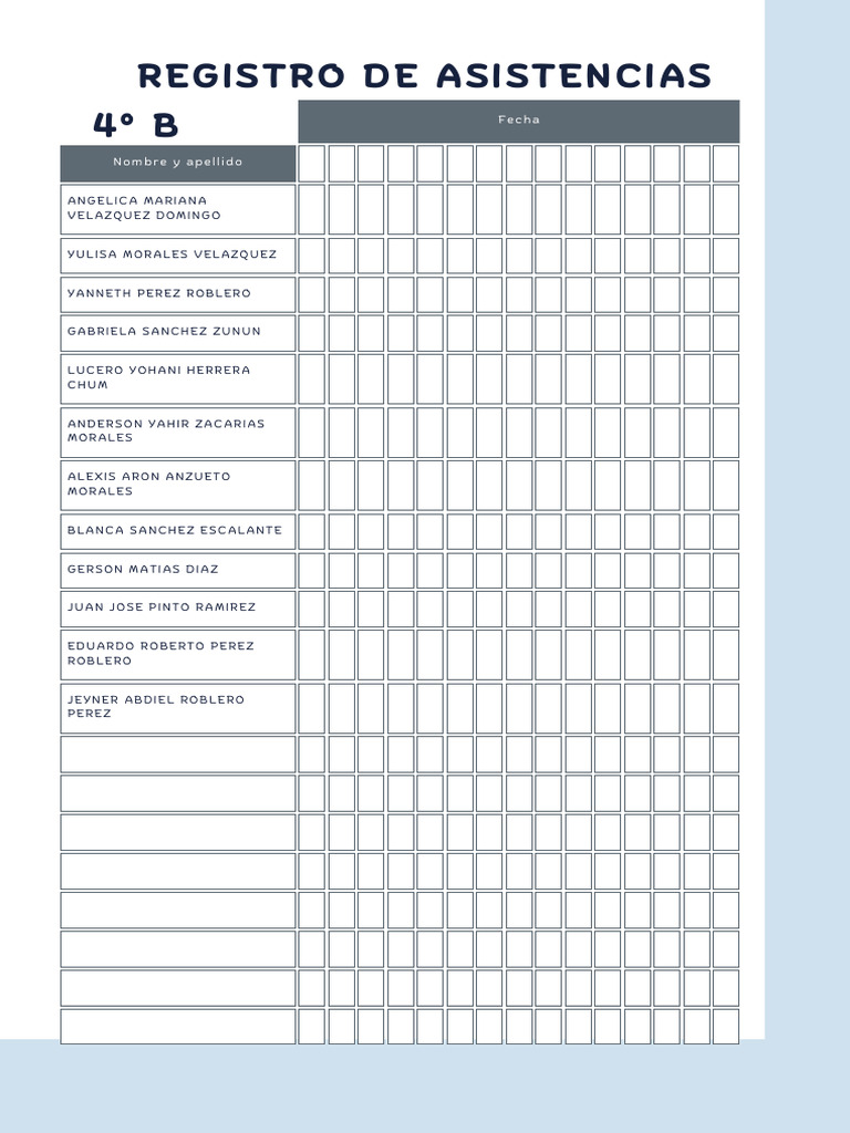 Planilla de Registro de Asistencias Escolares Simple Gris Celeste y Blanco (2) | PDF