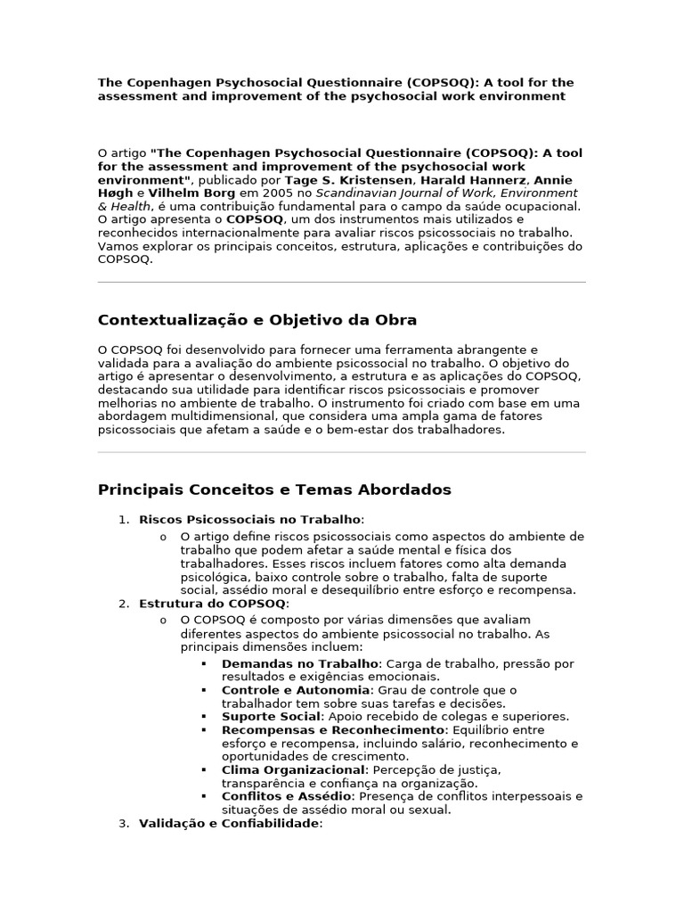 10 - The Copenhagen Psychosocial Questionnaire (COPSOQ) - A Tool For The Assessment and ...