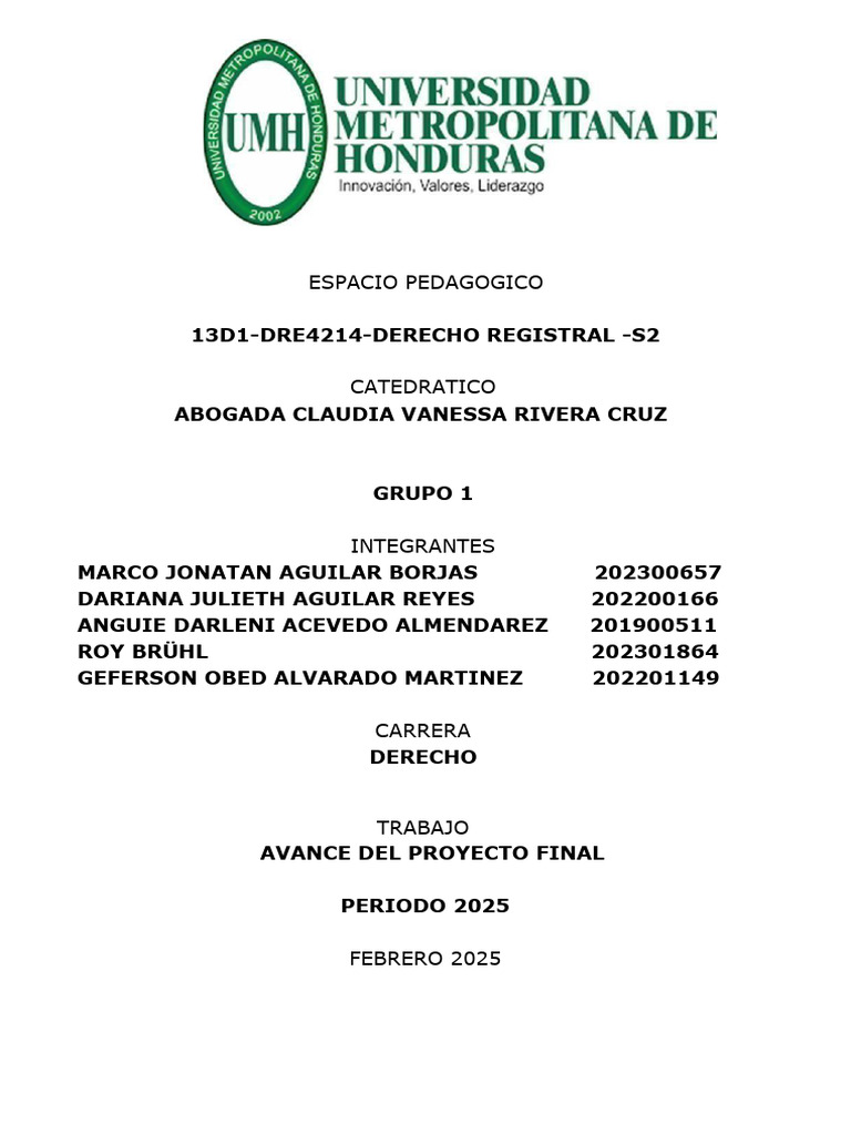 Avance Grupo 1 Derecho Registral Umh | PDF | Propiedad | Honduras