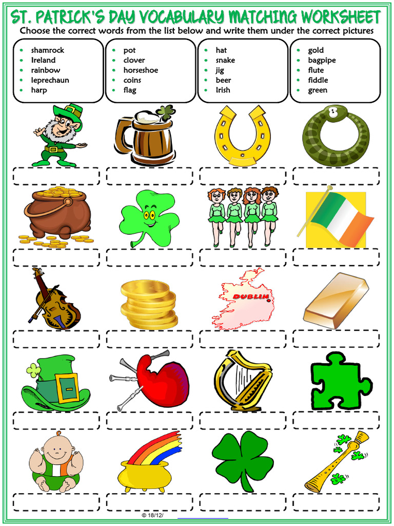 Saint Patricks Day Vocabulary Esl Matching Exercise Worksheet for Kids ...