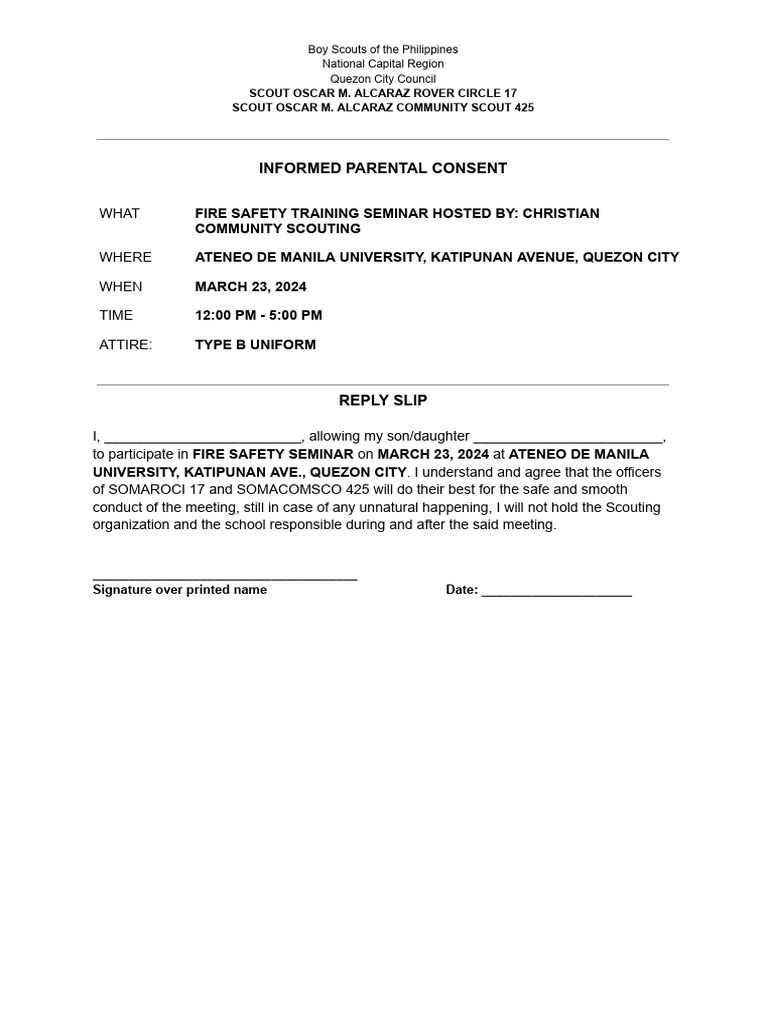 Informed Parental Consent Fire Safety Seminar | PDF