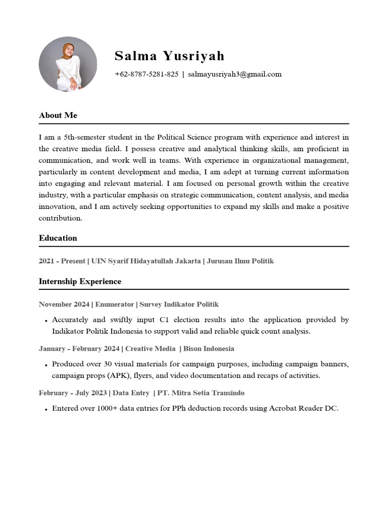 CV Salma Yusriyah 2024 | PDF | Human Communication | Communication