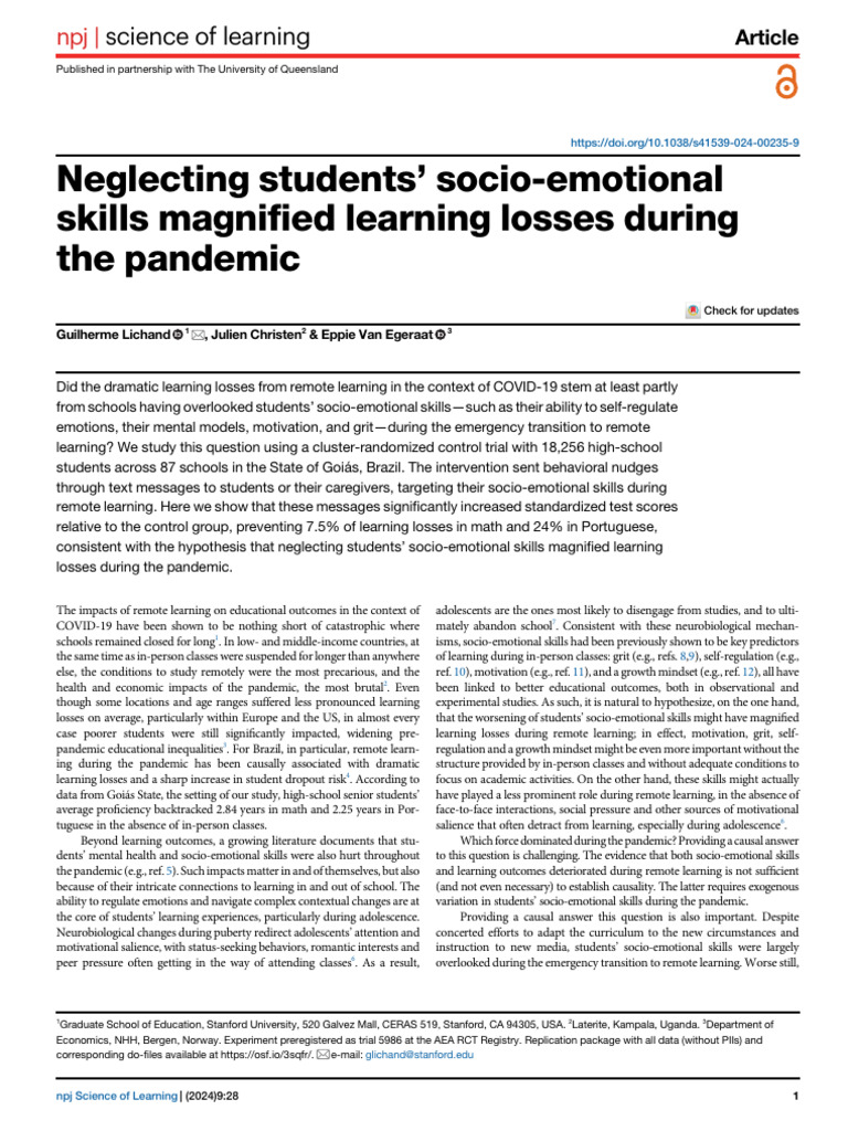 Neglecting Students' Socio-Emo | PDF | Learning | Experiment