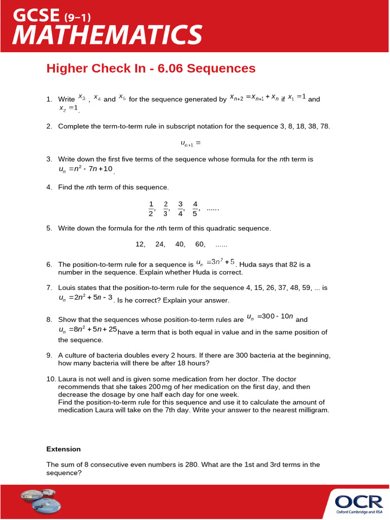 Sequences and Series: Higher Check In | PDF | Sequence | Quadratic Equation