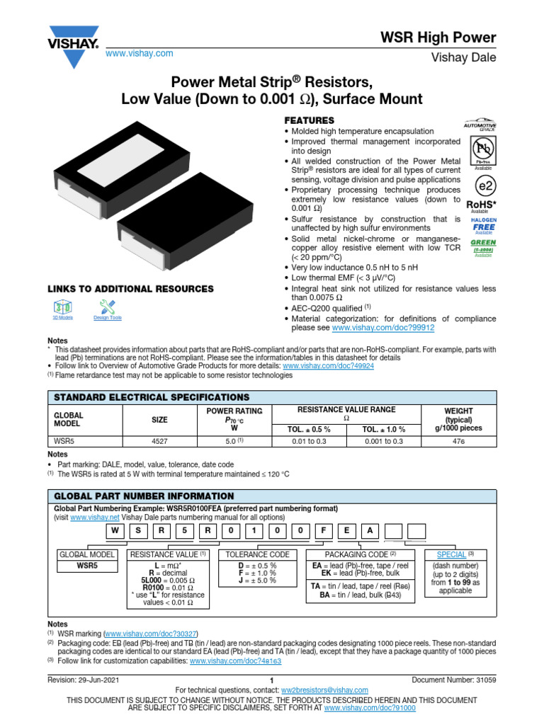 Wsrhighpower-Shunt Resistor | PDF | Resistor | Materials
