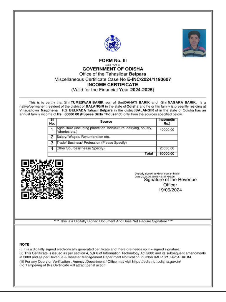 Office of The Tahasildar Belpara Miscellaneous Certificate Case No E ...