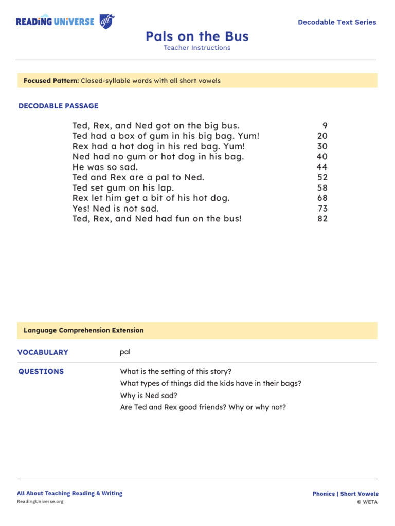 Decodable Pals On The Bus | PDF | Phonics | Cognition