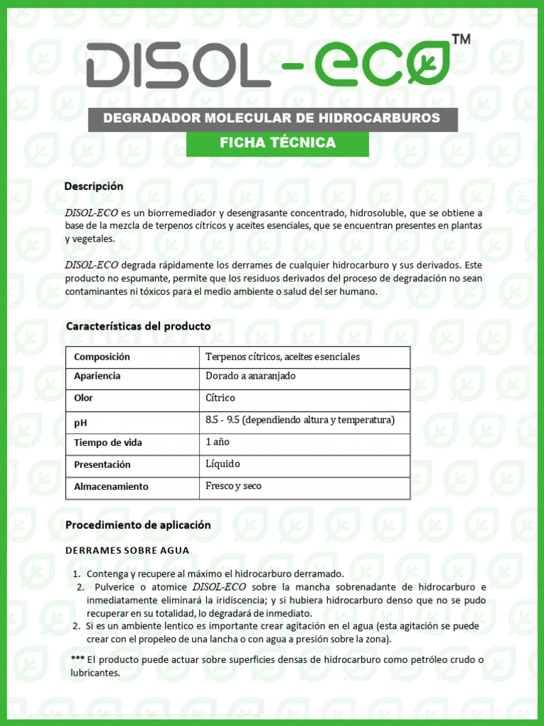 Ficha Técnica Disol-Eco Colombia | PDF | Agua | Hidrocarburos