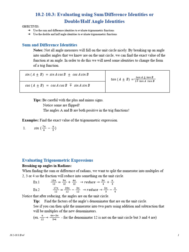 10.2-10.3 - Evaluating Using Sum - Difference Identities or Double ...