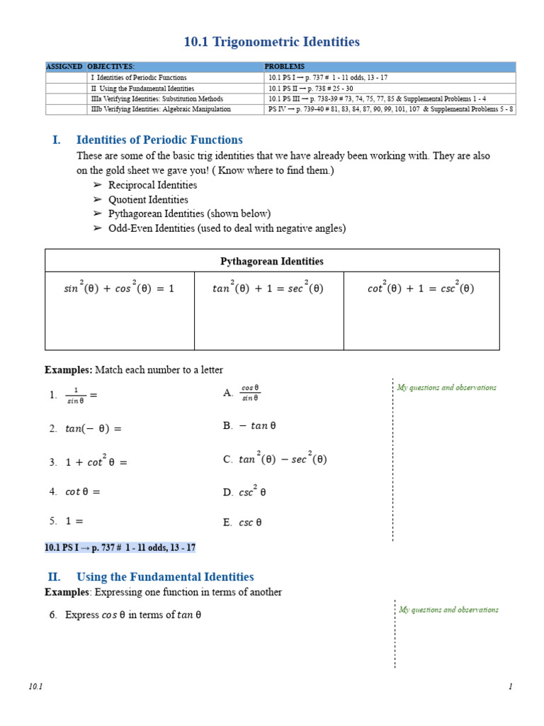 10.1 Trigonometric Identities | PDF | Equations | Mathematics