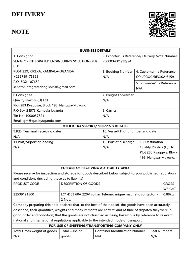 Senator Engineering Delivery Note QPL 1 | PDF | Legal Liability | Common Law