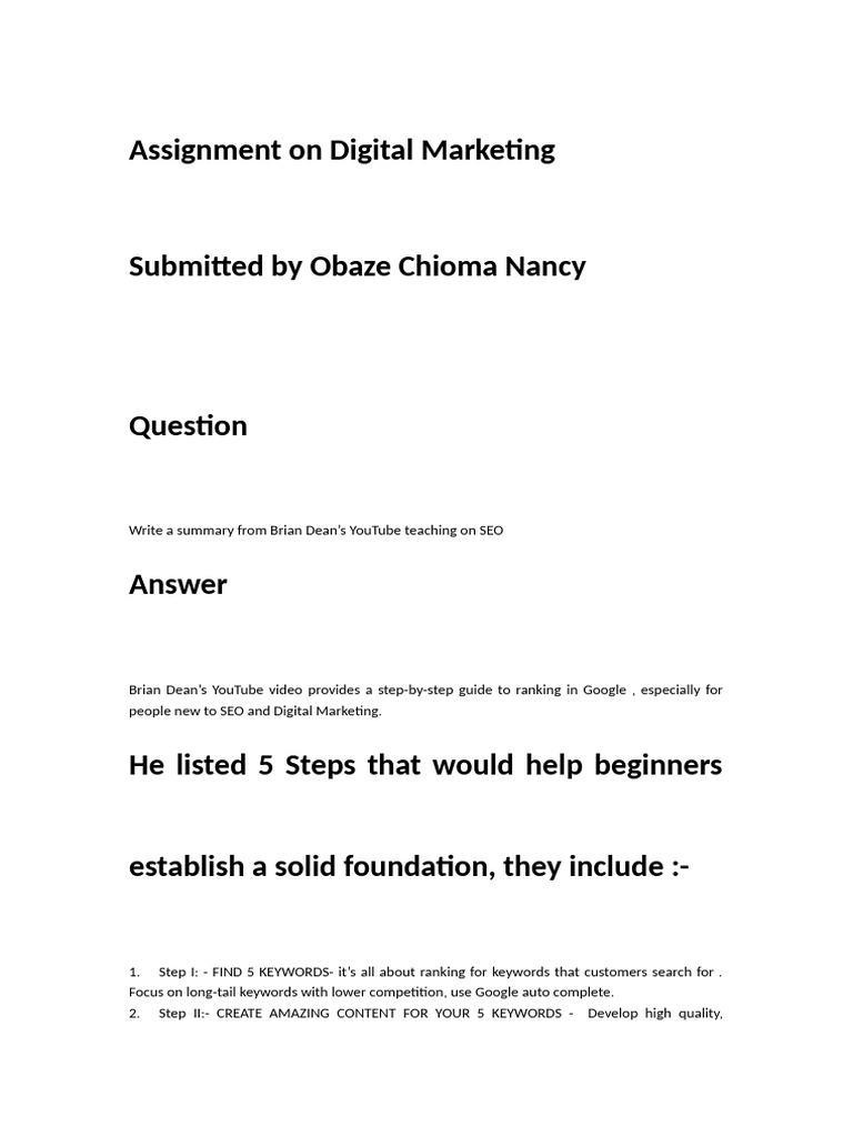 YouTube Assignment Submitted By, Obaze Chioma Nancy | PDF