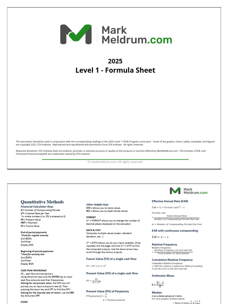 L1 2025 Formula Sheet | PDF | Exchange Rate | Mean