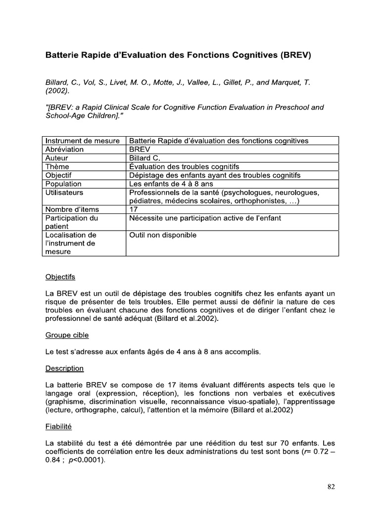 Batterie Rapide D'evaluation Des Fonctions Cognitives (BREV) | PDF