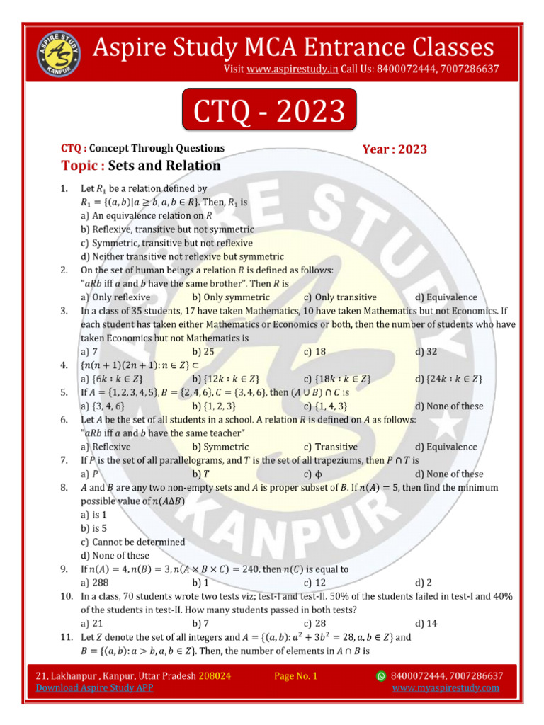 CTQ 01 - Sets and Relations | PDF