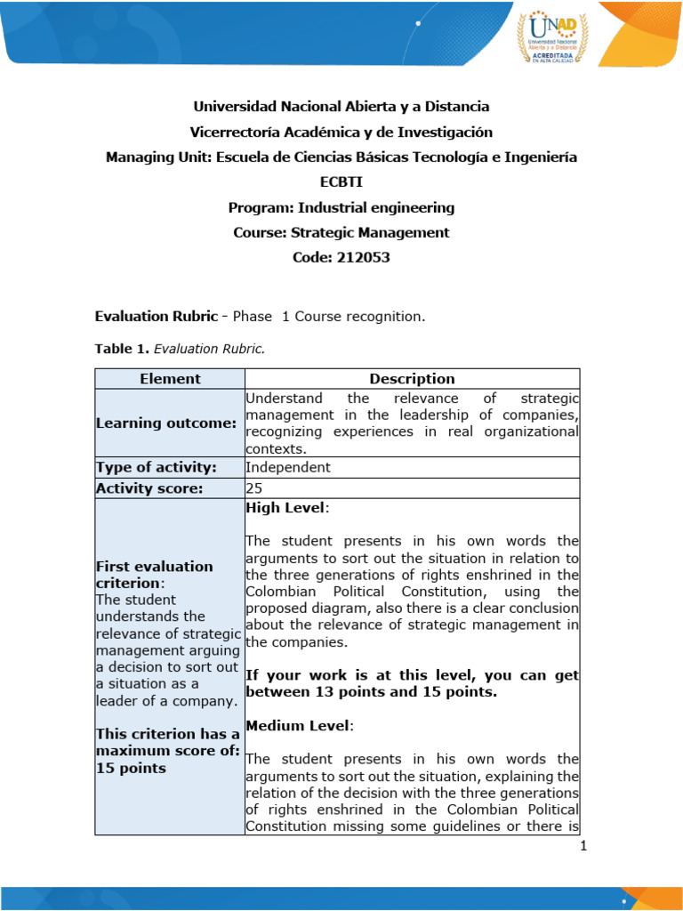 Evaluation Rubric Phase 1 Course Recognition Pdf Strategic