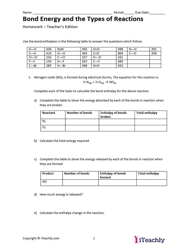 5 1b Homework Questions TE Bond Energy and The Types of Reactions | PDF ...