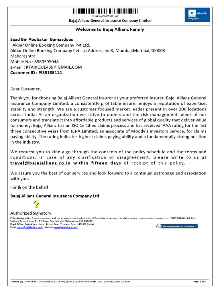 Welcome To Bajaj Allianz Family: Saad Bin Abubakar Bamasdoos | PDF ...