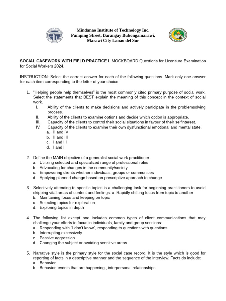 Social Work Mockboard Questions 2024 | PDF | Attitude (Psychology ...