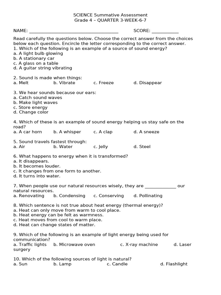 Grade 4 Science Assessment: Sound & Energy | PDF