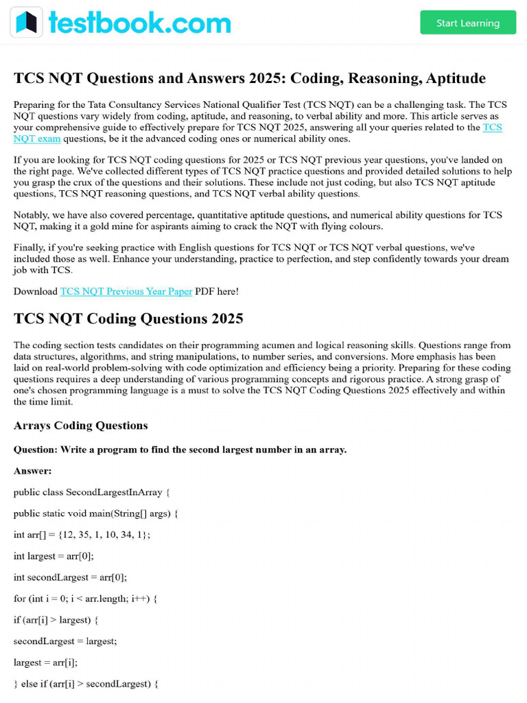 TCS NQT Questions and Answers 2025 - Coding, Reasoning, Aptitude | PDF