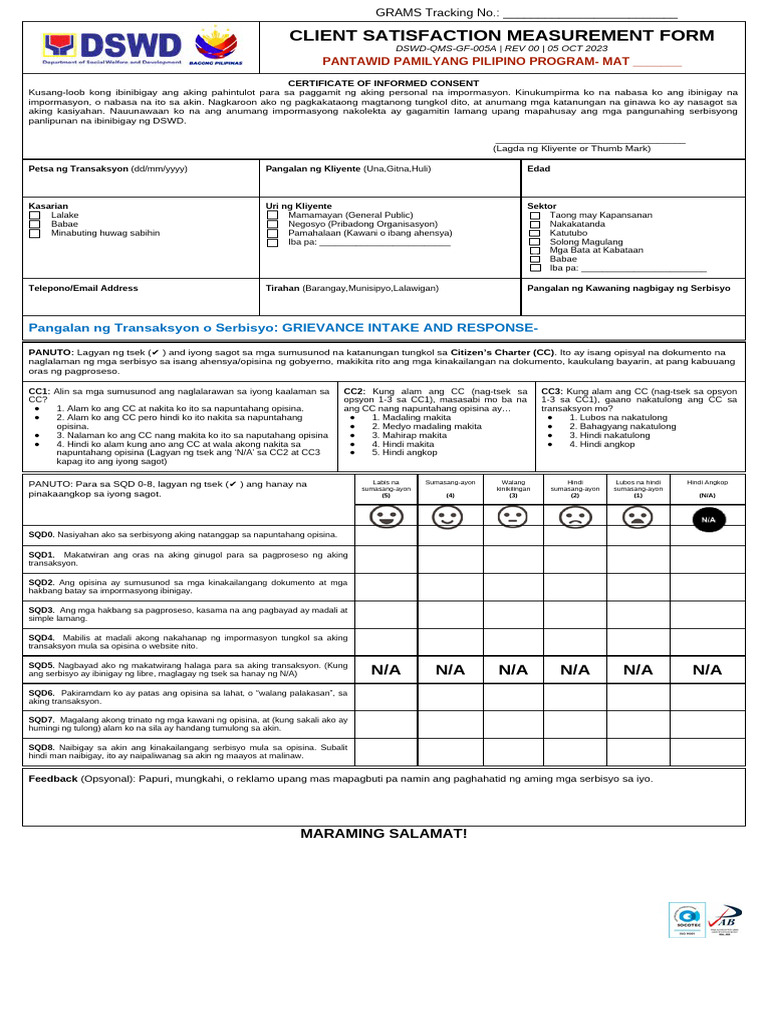 DTI-QMS-GF-005A_REV 00_Revised CSM Questionnaire_Filipino | PDF