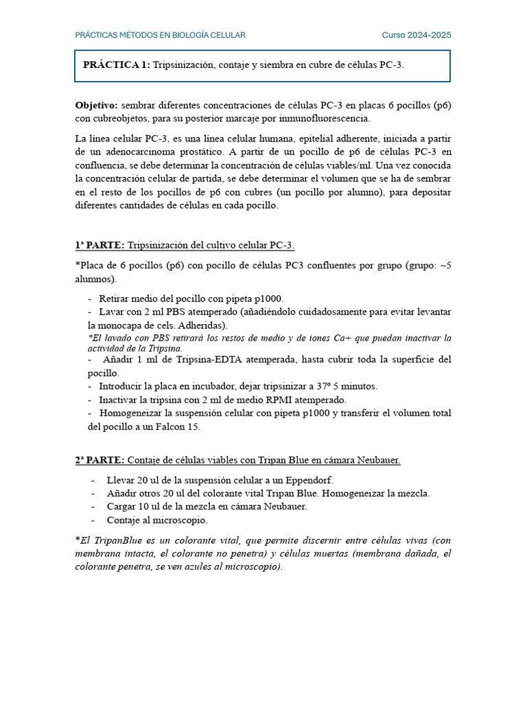 Guión Prácticas Métodos en B. Celular | PDF | Histología | Técnicas de laboratorio.